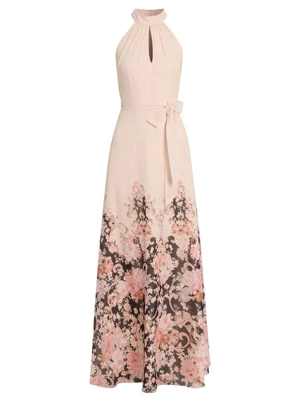 MIKAEL AGHAL Belted Floral-print Chiffon Maxi Dress - Blush