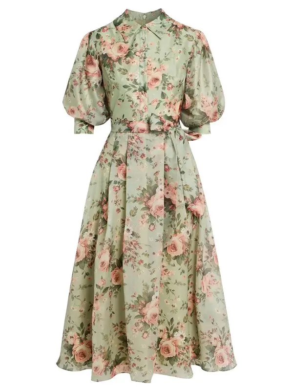 MIKAEL AGHAL Floral-print Chiffon Midi Shirt Dress - Light Green