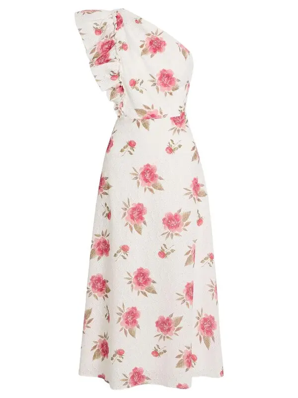 MIKAEL AGHAL One-shoulder Floral-print Broderie Anglaise Midi Dress - White