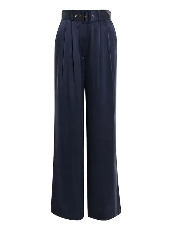Zimmermann Belted Pleated Washed Silk Wide-leg Pants - Navy