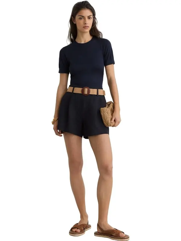 REISS Matilda Jacquard Belted Linen Shorts - Navy
