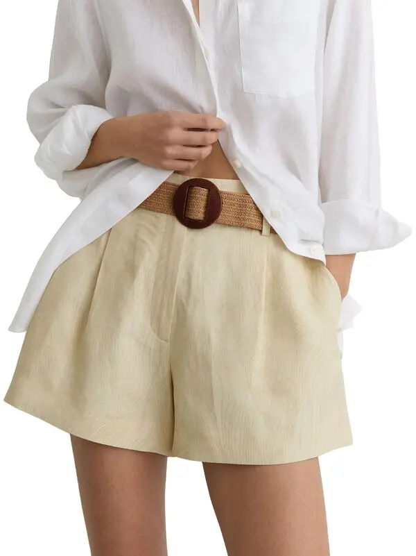 REISS Matilda Jacquard Belted Shorts With Linen - Neutral