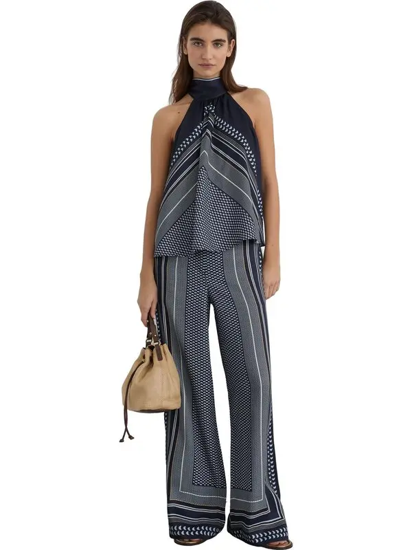 REISS Anna Scarf-print Wide-leg Trousers - Navy