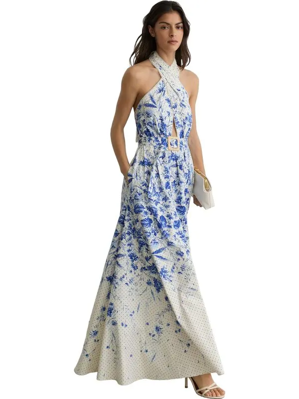 REISS Amaya Cotton Floral-print Belted Maxi Dress - Ivory/blue