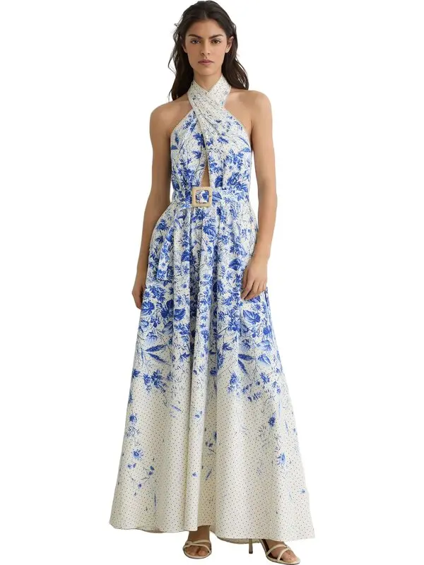 REISS Amaya Petite Cotton Floral-print Maxi Dress - Ivory/blue