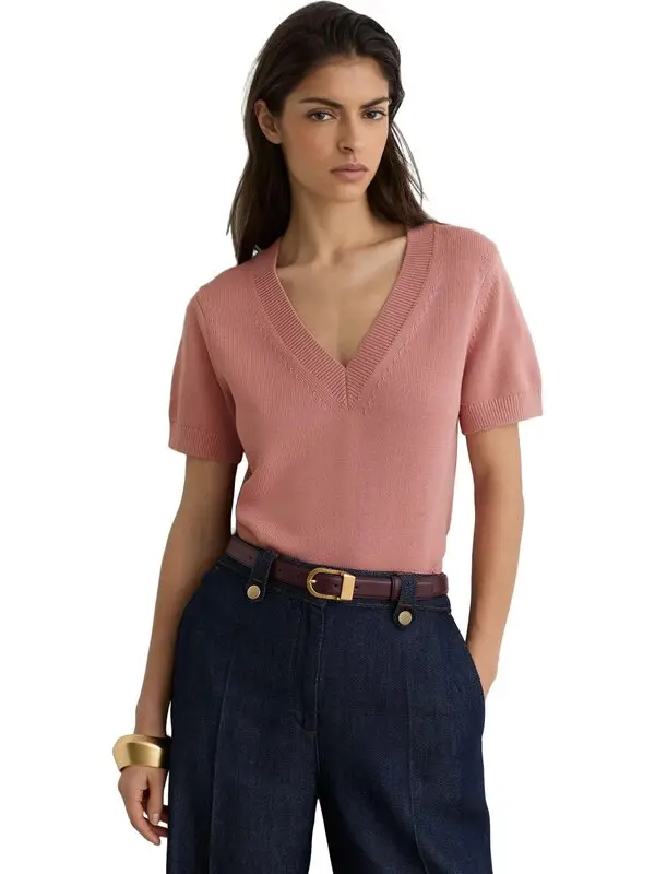 REISS Cotton-wool Knit V-neck Top - Pink