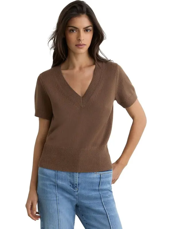 REISS Valerie Cotton-wool Knit V-neck Top - Taupe Neutral