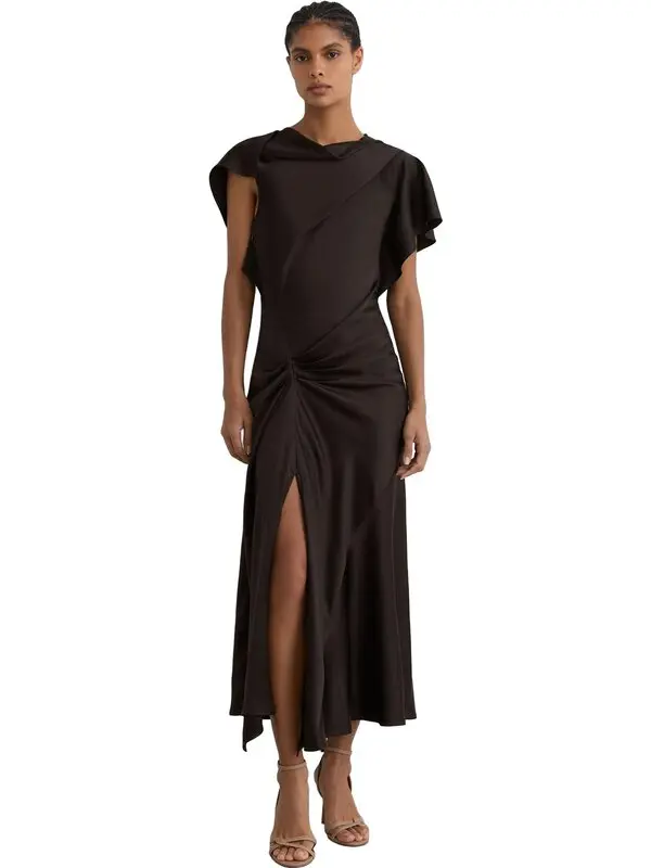 REISS Sasha Satin Drape-detail Midi Dress - Chocolate Brown