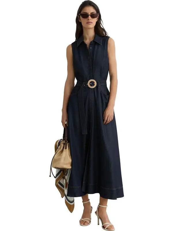REISS Remi Button-front Belted Denim Midi Dress - Indigo Blue