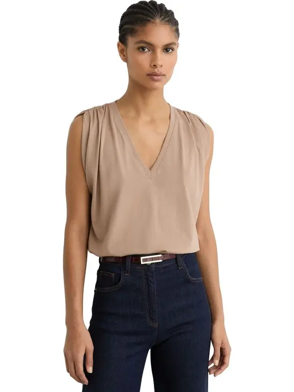 REISS Renee Cotton Gathered-detail V-neck Vest - Taupe Neutral