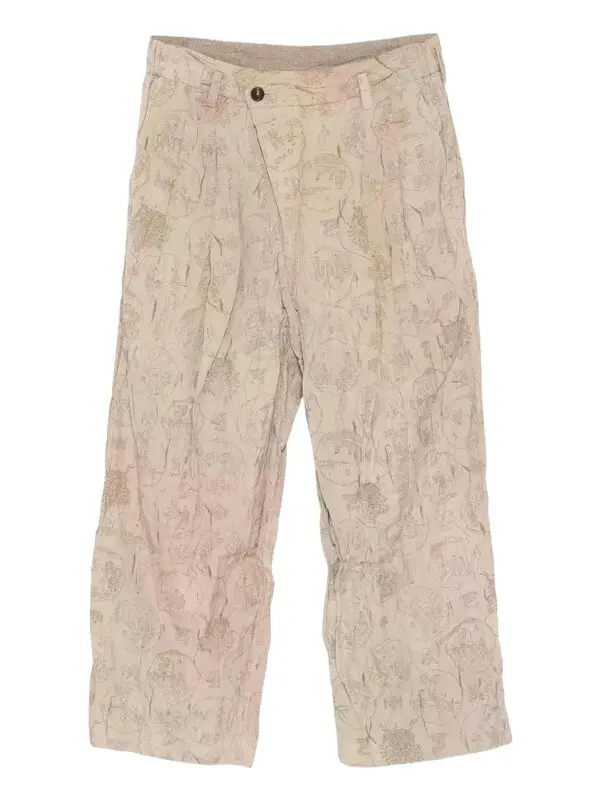 ZIGGY CHEN Graphic-print Pleated Trousers - Neutrals