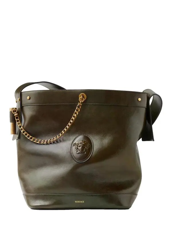 Versace Pivot Large Leather Bucket Bag - Green