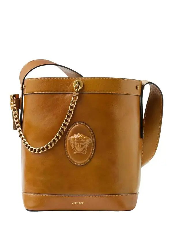 Versace Pivot Small Leather Bucket Bag - Brown