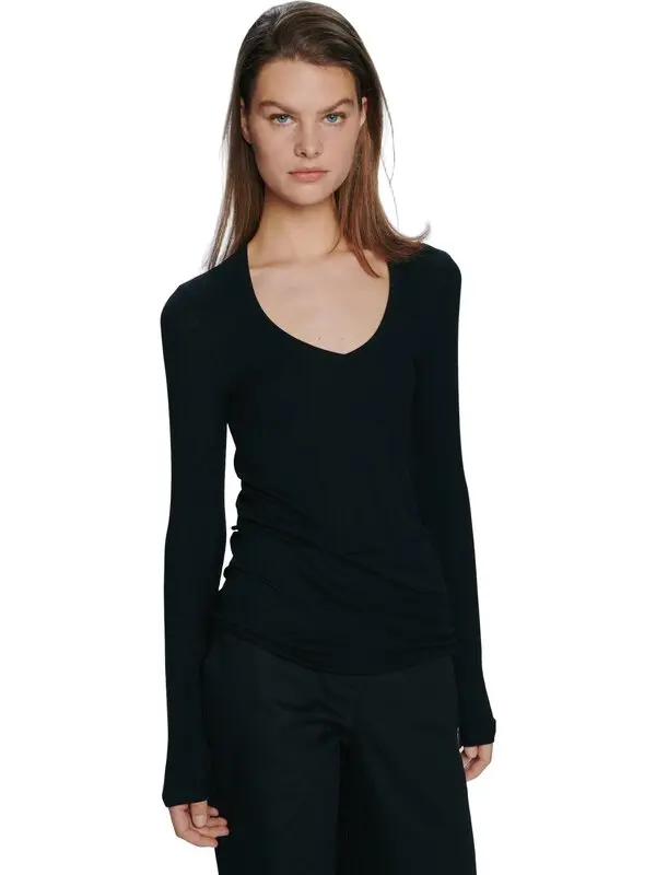ATM Anthony Thomas Melillo Modal Ribbed V-neck Long Sleeve T-shirt - Black