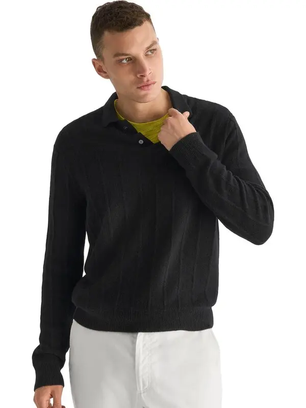 ATM Anthony Thomas Melillo Wide Rib Cashmere Long Sleeve Polo Sweater - Black