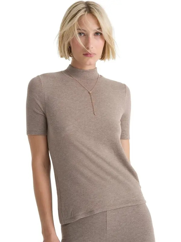 ATM Anthony Thomas Melillo Modal Rib Short Sleeve Mock Neck T-shirt - Heathered Faded Mocha