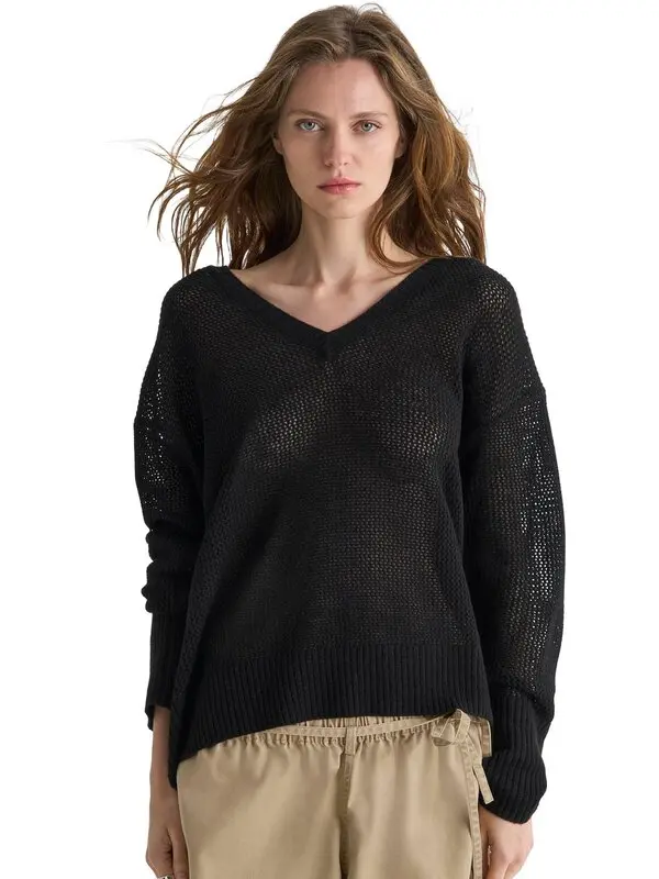 ATM Anthony Thomas Melillo Cashmere Mesh Stitch V-neck Sweater - Caviar Sparkle
