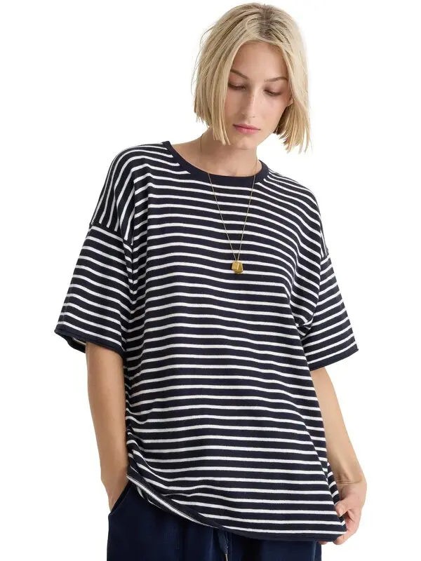 ATM Anthony Thomas Melillo Cotton Cashmere Oversized Striped Crew Neck T-shirt - Midnight Chalk