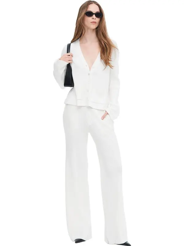 ATM Anthony Thomas Melillo Cotton Cashmere Ribbed Wide Leg Pull-on Pants - White