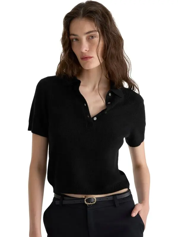 ATM Anthony Thomas Melillo Lightweight Cashmere Exposed Seam Polo Top - Black