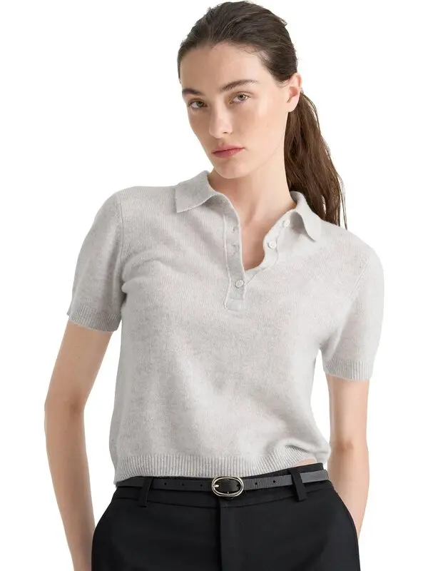 ATM Anthony Thomas Melillo Lightweight Cashmere Polo Top - Heathered Light Grey