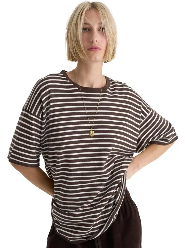 ATM Anthony Thomas Melillo Cotton Cashmere Oversized Striped Crew Neck T-shirt - Dark Chocolate Chalk