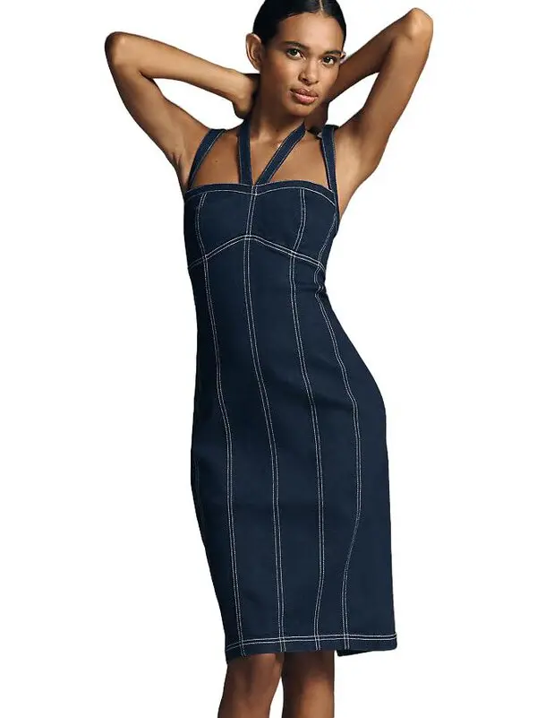 PILCRO Strappy Seamed Fitted Midi Dress - Dark Denim