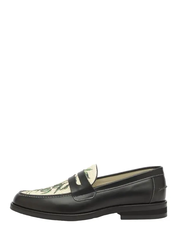 DUKE + DEXTER Wilde Olive Raffia Penny Loafer - Black/white