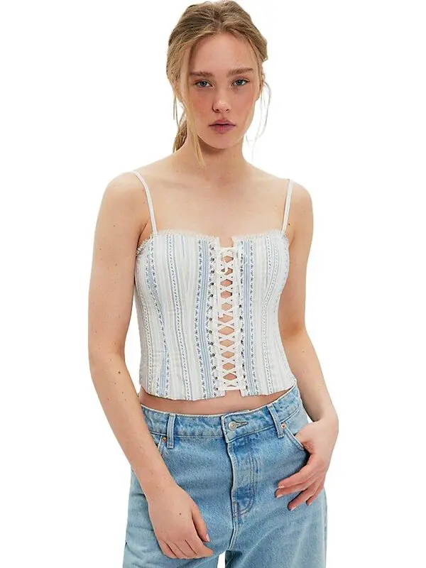 LoveShackFancy Bensen Cotton Lace-up Bustier Top - Cinched Blue