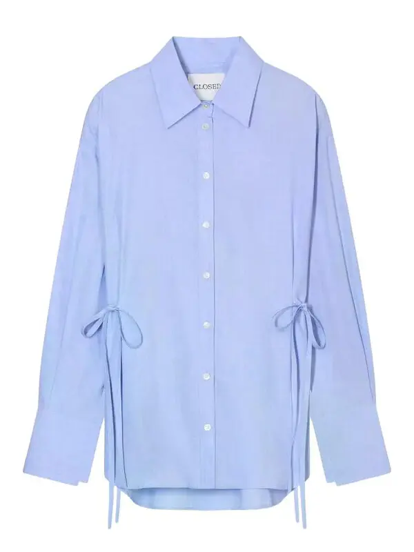 Closed Long-sleeve Shirt With Waist-ties - Blue