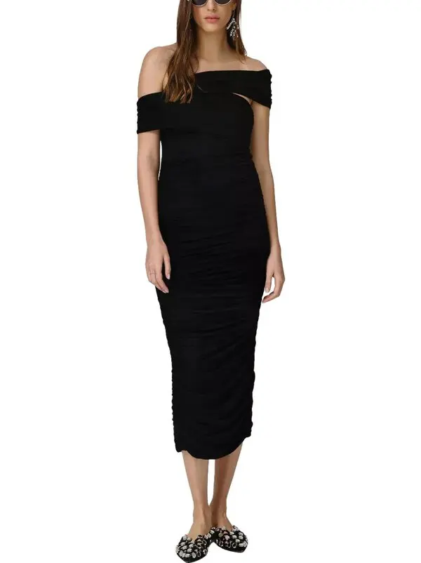PNK Off-shoulder Gathered Midi Dress - Black