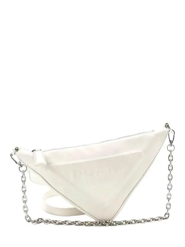 Prada Triangle Logo Embossed Leather Mini Shoulder Bag - White