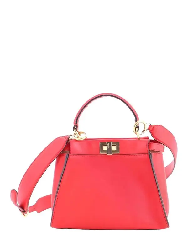 Fendi Peekaboo Mini Satchel Leather Bag With Zucca Suede Interior - Red
