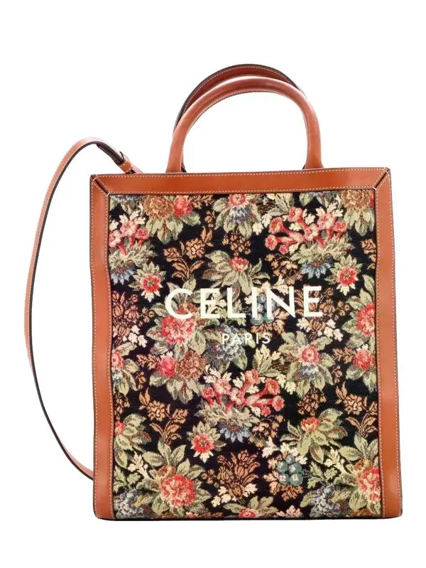 Celine Vertical Cabas Floral Jacquard Small Tote Bag - Brown