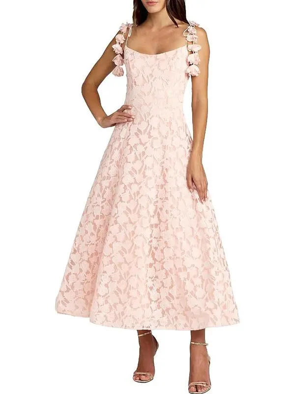 Mac Duggal Floral Net Tie Strap A-line Midi Dress - Blossom Pink