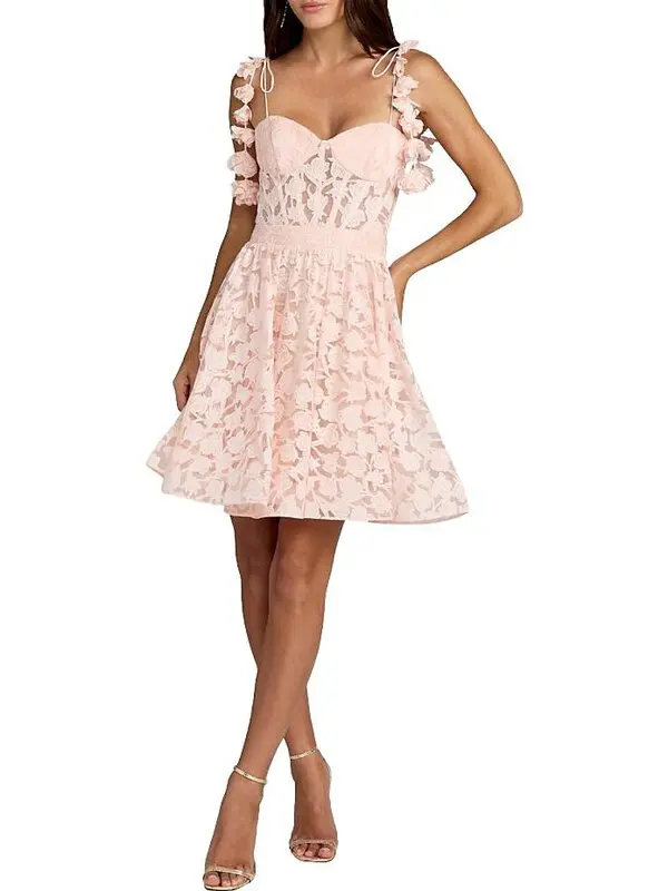 Mac Duggal Floral Net Tie Strap Bustier Ruffle Mini Dress - Blossom Pink