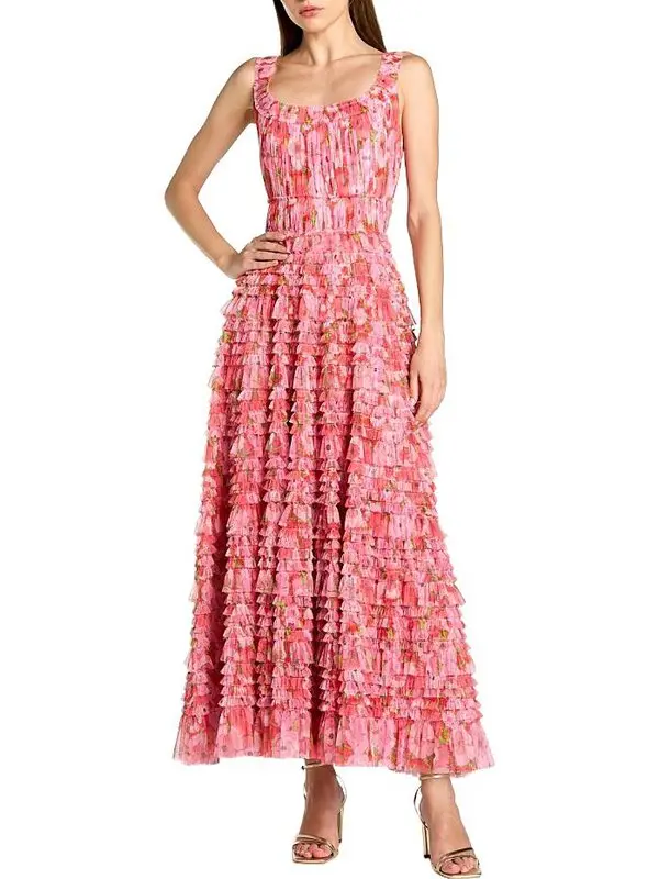 Mac Duggal Floral Printed Ruffle Maxi Dress - Cherry Multi