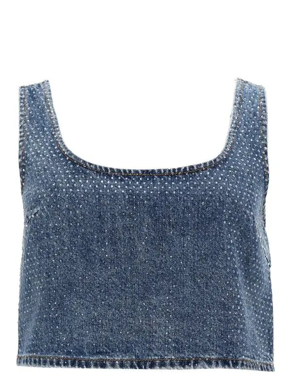 SELF-PORTRAIT Denim Crop Top With Rhinestones - Blue