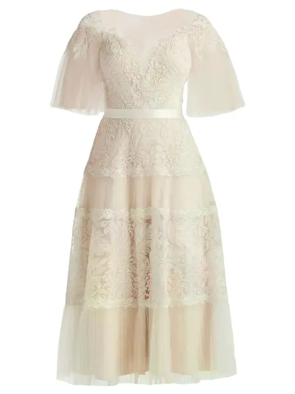 Tadashi Shoji Lace Belted A-line Dress - White