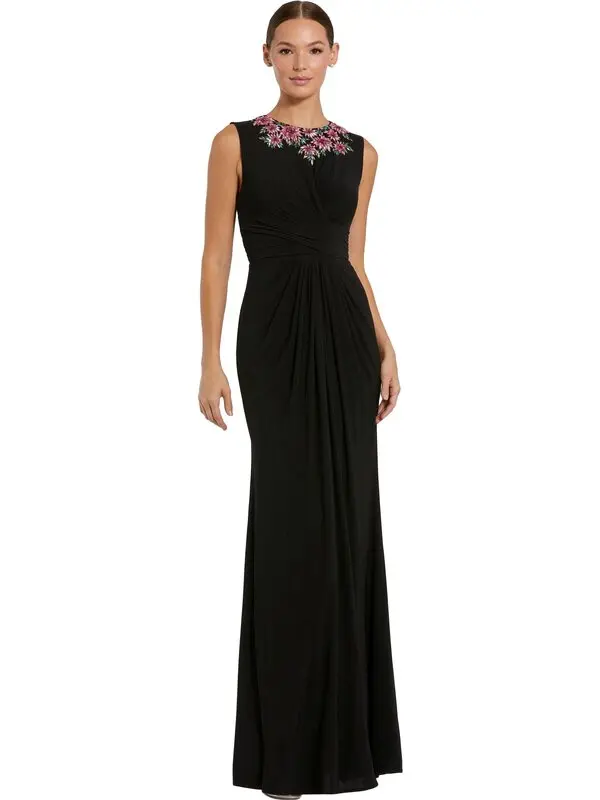 Mac Duggal Jersey Twist Gown With Embellished Neckline - Black Multi