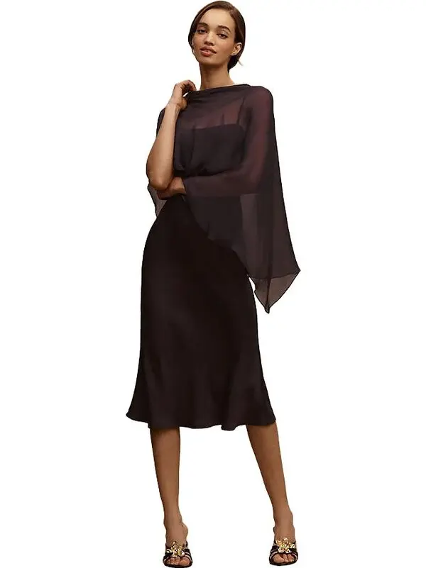 Bhldn Romy Sat Chiffon Cape Dress - Chocolate
