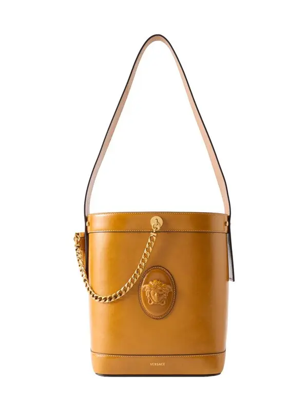 Versace Pivot Small Leather Bucket Bag - Brown