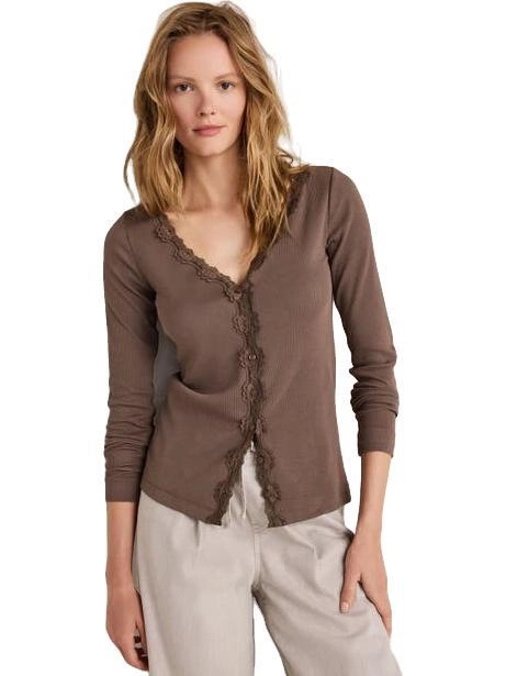 HAVEN WELL WITHIN Organic Cotton Rib Knit Lace Cardigan - Deep Mocha
