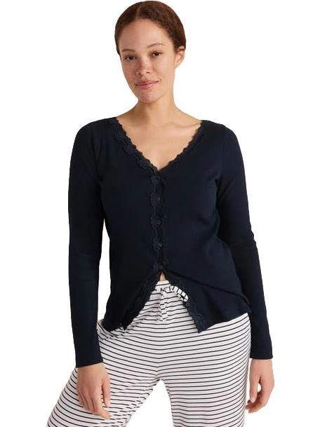 HAVEN WELL WITHIN Organic Cotton Rib Knit Lace Cardigan - Nightfall