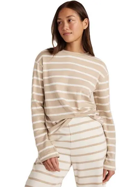 HAVEN WELL WITHIN Brushed Cotton Interlock Stripe Crewneck - Willow Bark/ivory