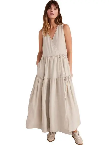 HAVEN WELL WITHIN Everweave Linen Tiered Wrap Maxi Dress - Oatmeal Cross Dye