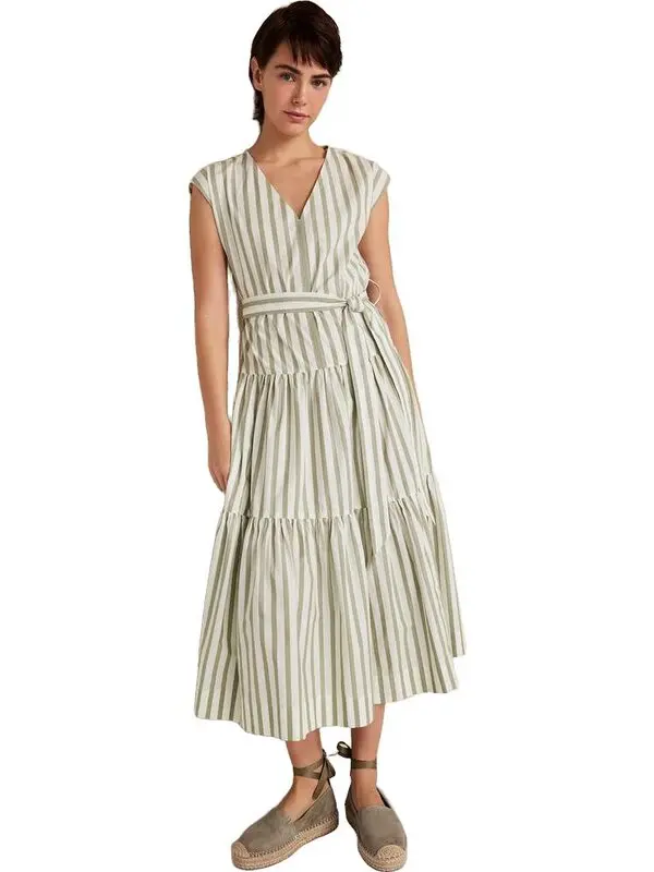 HAVEN WELL WITHIN Organic Cotton Poplin Stripe Tiered Midi Dress - Ivory/vetiver Stripe