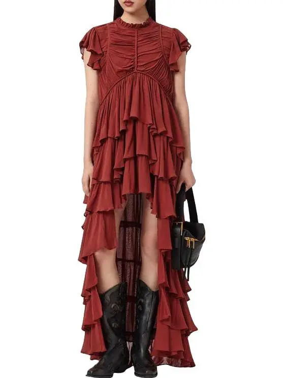 ALLSAINTS Shaela Tiered Ruffle High-low Dress - Paprika Red