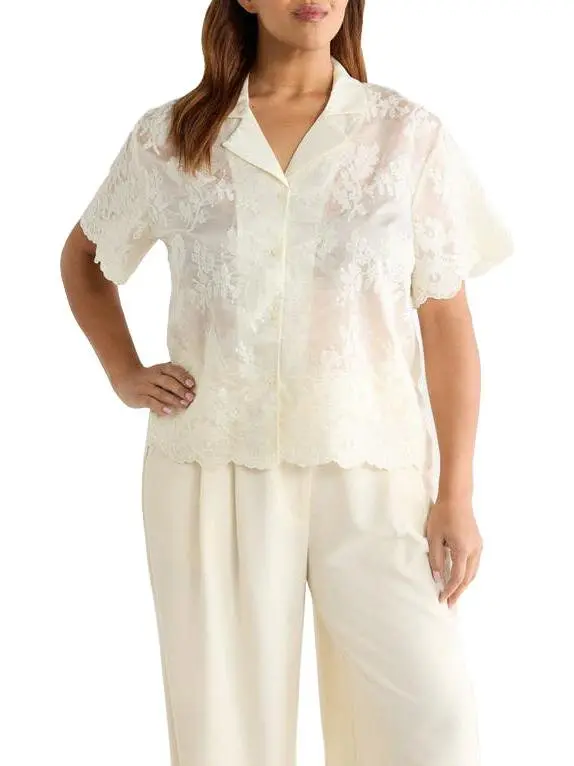 Vince Camuto Scallop Hem Lace Button-up Shirt - New Ivory