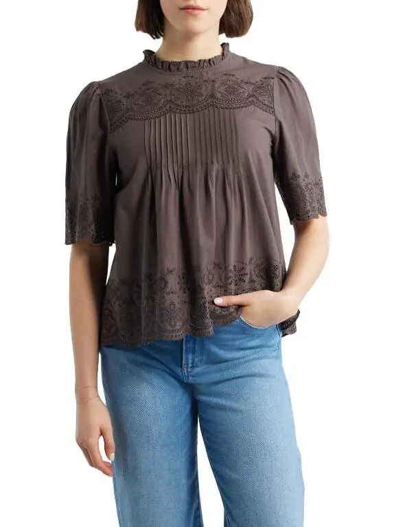 Madewell Embroidered Pintuck High Neck Cotton Voile Top - Chocolate Plum